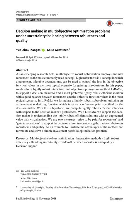 Pdf Decision Making In Multiobjective Optimization Problems Under