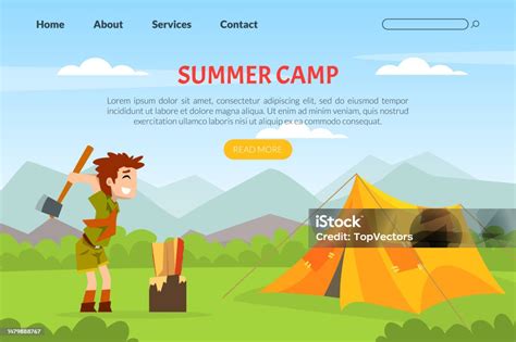 여름 캠프 랜딩 페이지 보이 스카우트 만화 캐릭터 카키색 의상 도마 나무 벡터 일러스트 레이 션 거미줄에 대한 스톡 벡터 아트