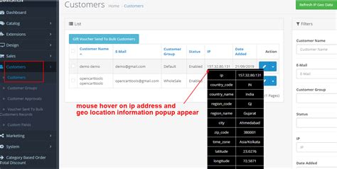 OpenCart IP Address Geolocation Column Filter At Admin Customers List