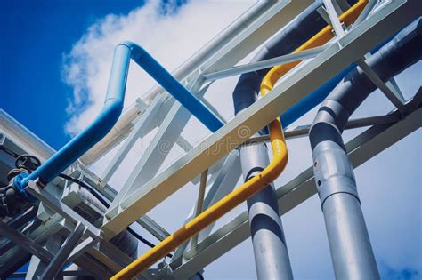 modern steam pipeline for industrial on blue skies background stock