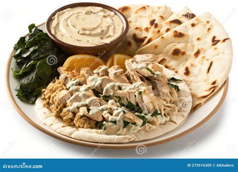Platter Of Chicken Shawarma With Hummus Tahini Sauce And Pita Bread