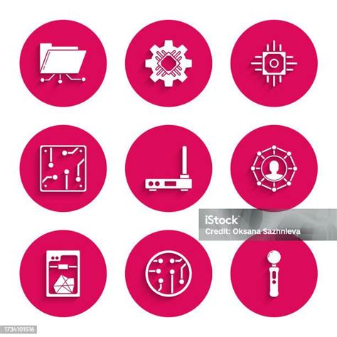 라우터 및 Wifi 신호 프로세서 게임 패드 프로젝트 팀 기지 3d 프린터 및 폴더 잠금 아이콘을 설정합니다 벡터 3차원 형태에 대한 스톡 벡터 아트 및 기타 이미지