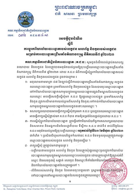 សេចក្ដីជូនដំណឹងលេខ ០៣២ គ ជ ប ស ជ ណ ស្ដីពីការប្ដូរការិយាល័យបោះឆ្នោតរបស់បេក្ខជន សហព័ទ្ធ