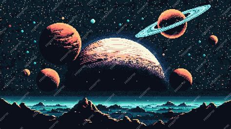 Ai가 생성한 행성과 별이 포함된 8비트 픽셀 은하 공간 풍경 벡터 복고풍 픽셀 아트 게임 배경 하늘에 바위와 토성이 있는 행성