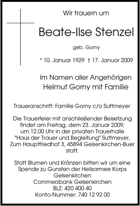 Traueranzeigen Von Beate Ilse Stenzel Trauer In Nrwde
