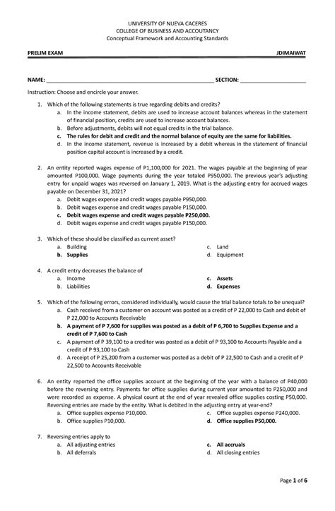 prelim exam conceptual framework and accounting standards college