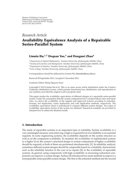 pdf availability equivalence analysis of a repairable series parallel