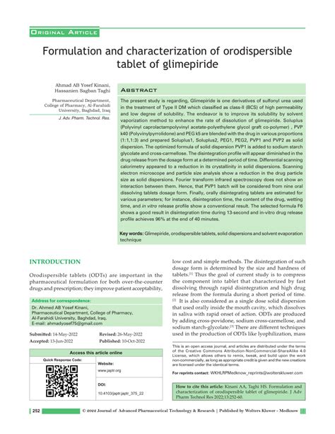 Pdf Formulation And Characterization Of Orodispersible Tablet Of