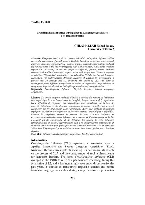 Pdf Crosslinguistic Influence During Second Language Acquisition The Reasons Behind In
