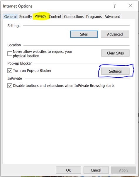 Under The Privacy Tab Click On The Settingsbutton In The Pop Up Blocker Section