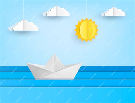 Premium Vector Origami Boat Sailing In Blue Ocean Paper Art Style