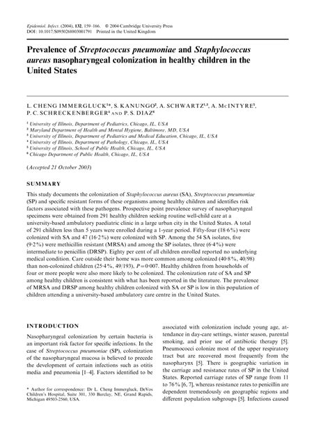 Pdf Prevalence Of Streptococcus Pneumoniae And Staphylococcus Aureus Nasopharyngeal