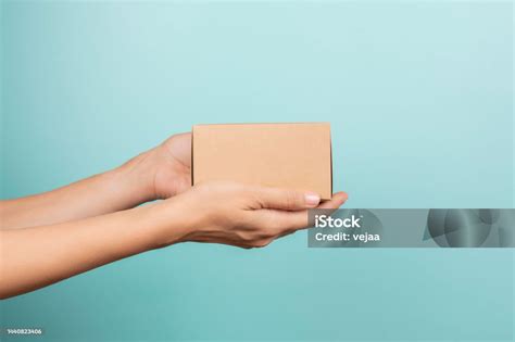 하늘색 배경에 작은 갈색 직사각형 판지 상자를 들고 있는 여자 모형 소포 상자 포장 쇼핑 배달 선물 선물 개념 갈색에 대한 스톡 사진 및 기타 이미지 Istock