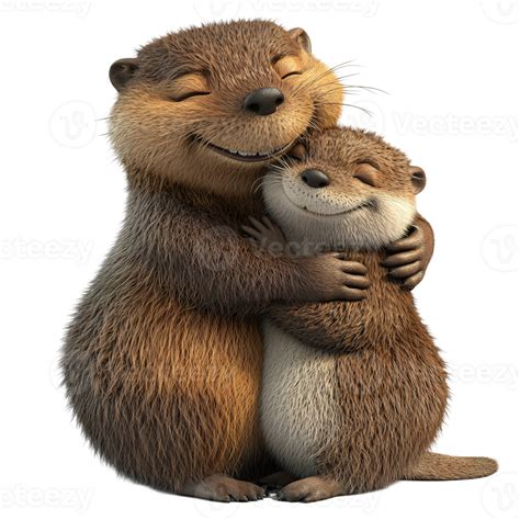 Two Cartoon Otters Are Hugging Each Other With Happy Smiles 59318353 Png