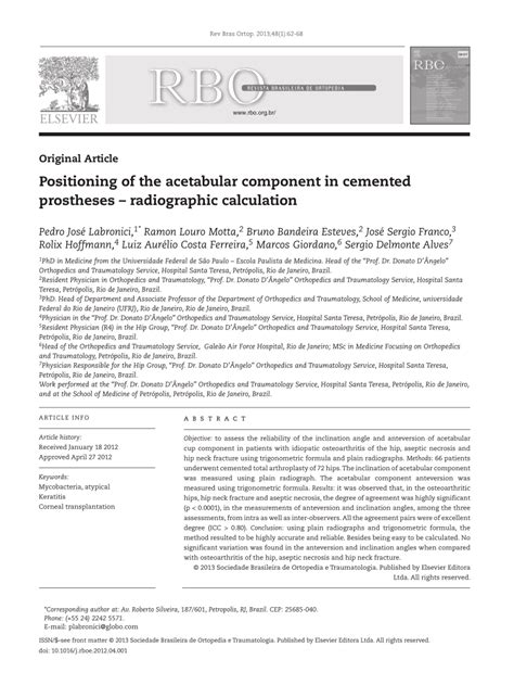 Pdf Original Article Positioning Of The Acetabular Component In Cemented Prostheses