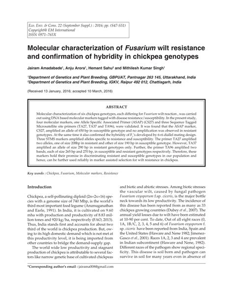 Pdf Molecular Characterization Of Fusarium Wilt Resistance And Confirmation Of Hybridity In