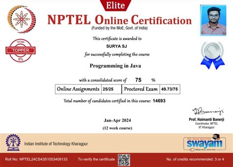 Surya Sj On Linkedin Nptel Javaprogramming Elitecertification