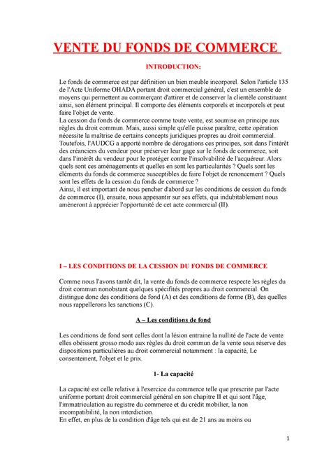 Cours Vente Du Fonds De Commerce Introduction Le Fonds De Commerce