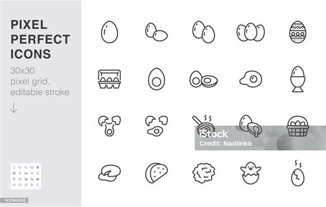계란 라인 아이콘 세트입니다 컨테이너 부활절 사냥 바구니 달걀 껍질 노른자 스크램블 요리 재료 최소 벡터 그림 아침 식사를위한