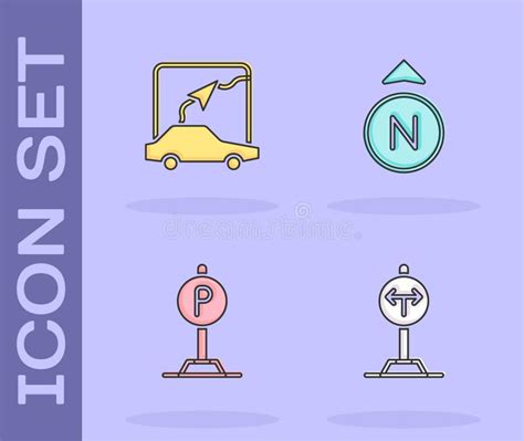 Set Fork In The Road City Map Navigation Parking And Compass Icon Vector Stock Illustration