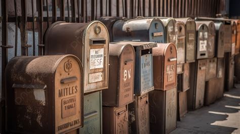 Many Old Mail Boxes Lined Up On A Sidestreet Background Picture Of Mail Boxes Background Image