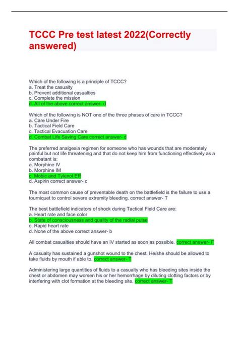 Tccc Pre Test Latest Updated 2024 Questions And Answers Complete Nursing Stuvia Us