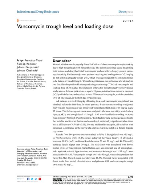 Pdf Vancomycin Trough Level And Loading Dose