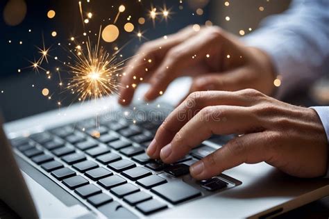 Typing On Laptop Keyboard With Digital Sparkles Overlays Modern Technology Concept Stock