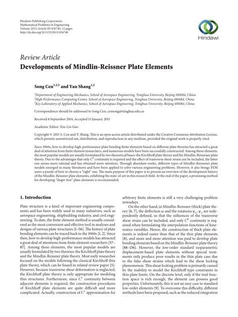 Pdf Developments Of Mindlin Reissner Plate Elements