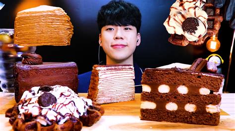 Subasmr 초코 케이크 크레이프 케이크 초코 크로플 먹방 리얼사운드チョコケーキ Chocolate Cake Mukbang