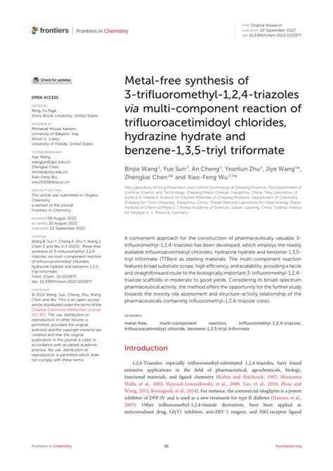 Pdf Metal Free Synthesis Of 3 Trifluoromethyl 1 2 4 Triazoles Via Multi Component Reaction Of