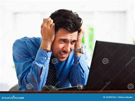 Man Having Problems With Computer Stock Photo Image Of Desk Table