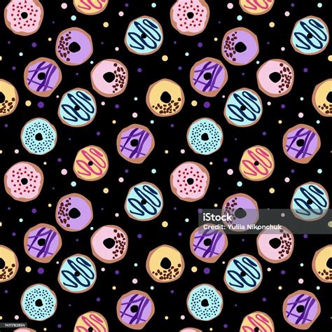 유약 도넛이있는 원활한 패턴 검은 색 배경에 밝은 육즙이 많은 패턴 건강관리와 의술에 대한 스톡 벡터 아트 및 기타 이미지