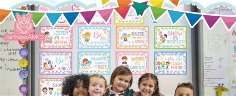 Jarthenaamcs 36pcs Classroom Rules Posters Boho Rainbow