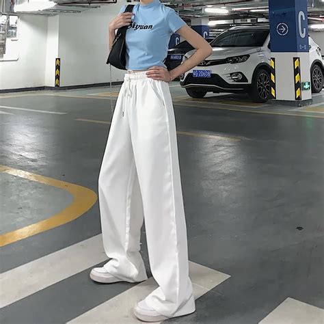한국 스타일 하이 웨스트 루즈핏 캐주얼 스포츠 바지 여성용 와이드 레그 팬츠 봄 여름 Aliexpress