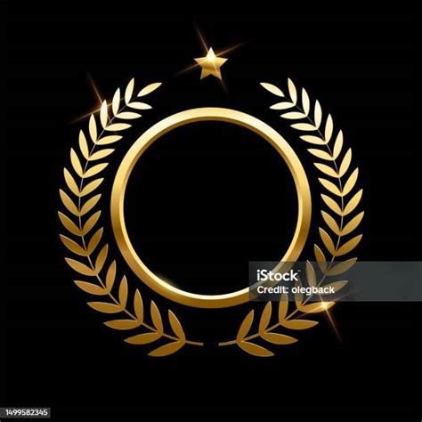 금색 둥근 프레임 별과 올리브 잎 벡터 그림에서 원형 화환 사실적인 3d 황금 기념일 메달 검은 배경에 분리된 조명 효과가 있는