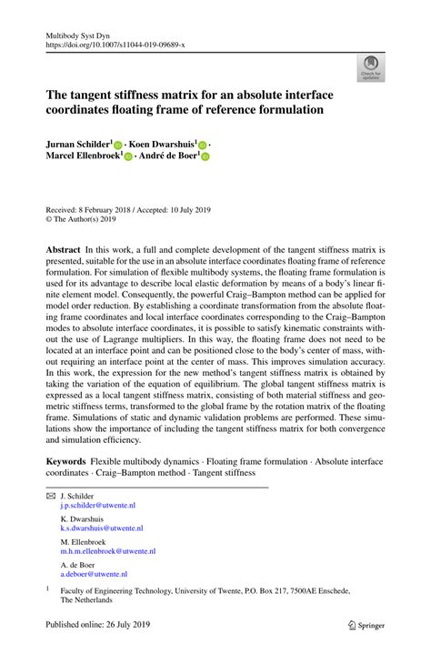Pdf The Tangent Stiffness Matrix For An Absolute Interface Coordinates Floating Frame Of