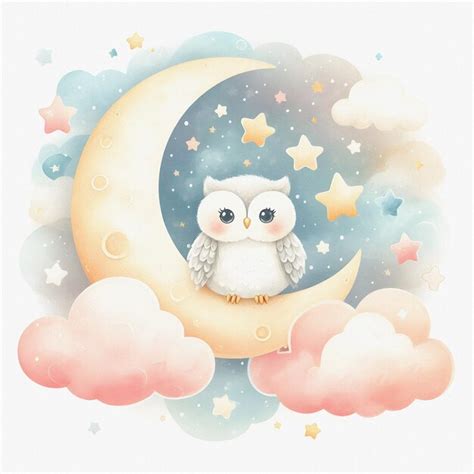 Watercolor Illustration Of Cute Owl Sitting On The Moon With Cloud With