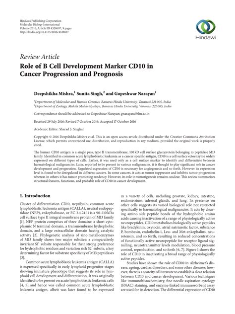 Pdf Role Of B Cell Development Marker Cd10 In Cancer Progression And Prognosis