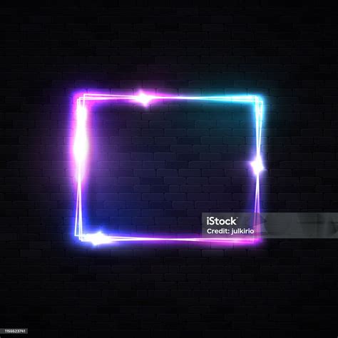 검은 벽돌 배경에 네온 사각형 레이저 벽 표시 밤 클럽 광고 디자인을 위한 전기 힘 빛나는 전구 기치 가벼운 선 네온 프레임 Led 램프 크롬 효과 밝은 벡터 일러스트 0