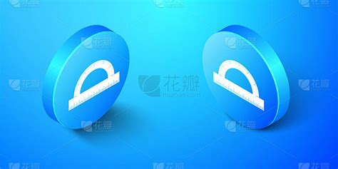 等距量角器网格测量度图标隔离在蓝色背景。倾角计。测量工具。几何符号。蓝色圆按钮。向量