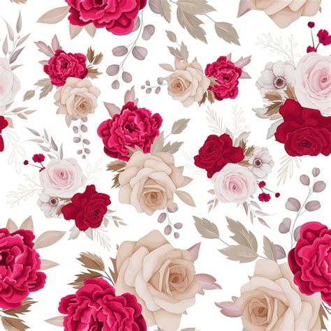 Free Vector Floral Seamless Pattern Of Brown And Maroon Roses And