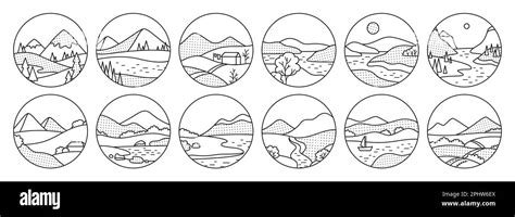 Nature Field Landscape Scenery Four Seasons Round Doodle Sticker Set Abstract Nature Monthly