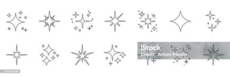 스파클과 스타 라인 아이콘 세트입니다 반짝이고 빛나는 개요 심볼 컬렉션 편집 가능한 스트로크 고립 된 벡터 일러스트 레이 션 개체 그룹에 대한 스톡 벡터 아트 및 기타