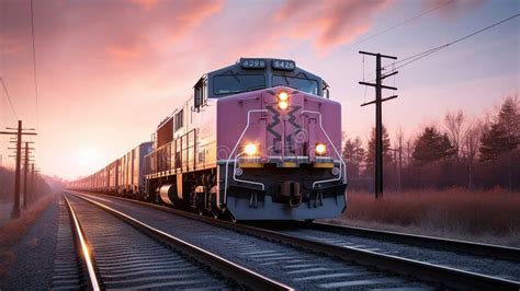 Train Passing By In Front Of The Railroad Tracks At Sunrise Generative