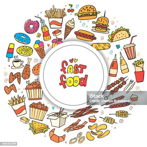흰색 배경에 화려한 패스트 푸드 낙서 세트 벡터 버거 스낵 햄버거 감자 튀김 핫도그 타코 커피 샌드위치 아이스크림 메뉴 디자인에 적합합니다 개념에 대한 스톡 벡터 아트 및