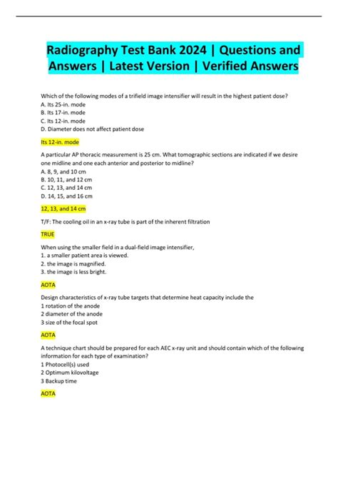 radiography test bank 2024 questions and answers latest version