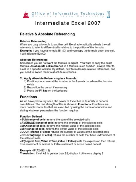 Intermediate Excel 2007 Relative And Absolute Referencing Pdf