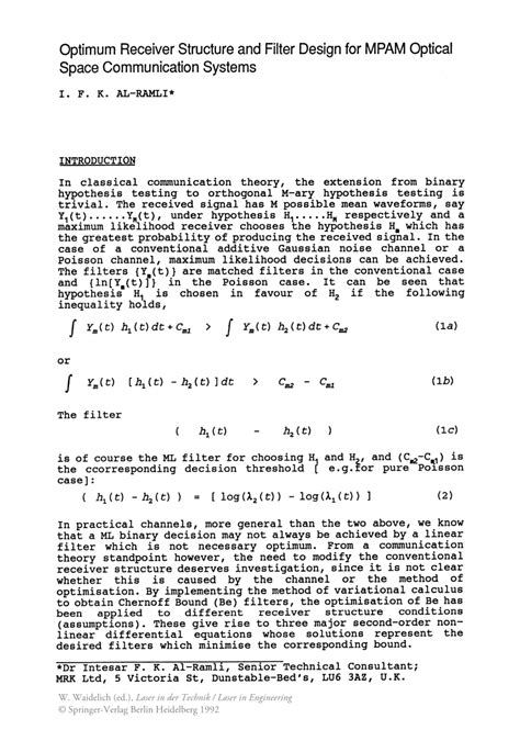 Pdf Optimum Receiver Structure And Filter Design For Mpam Optical Space Communication Systems