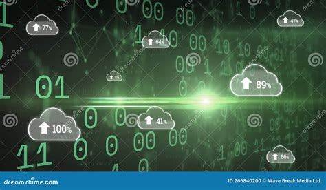 image of clouds with uploading over binary code on green background